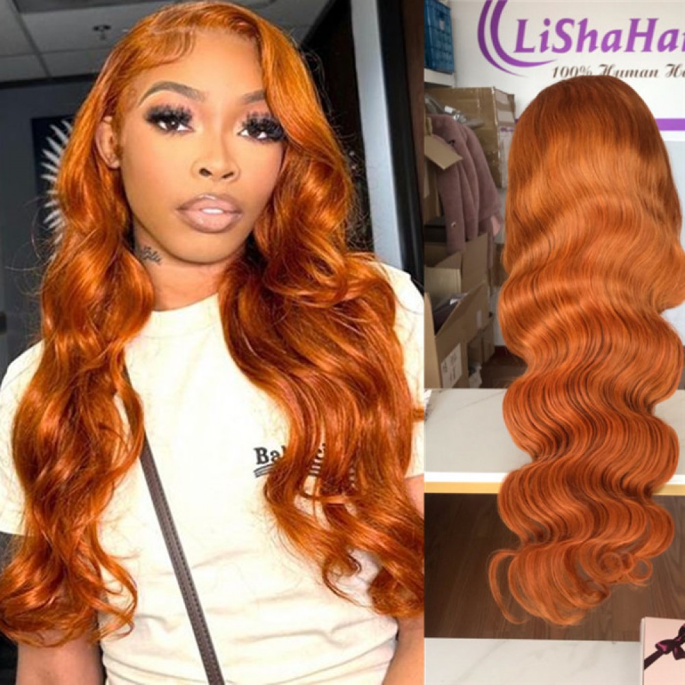 Ginger body wave virgin human hair 13x4 lace frontal wig 180% density ...